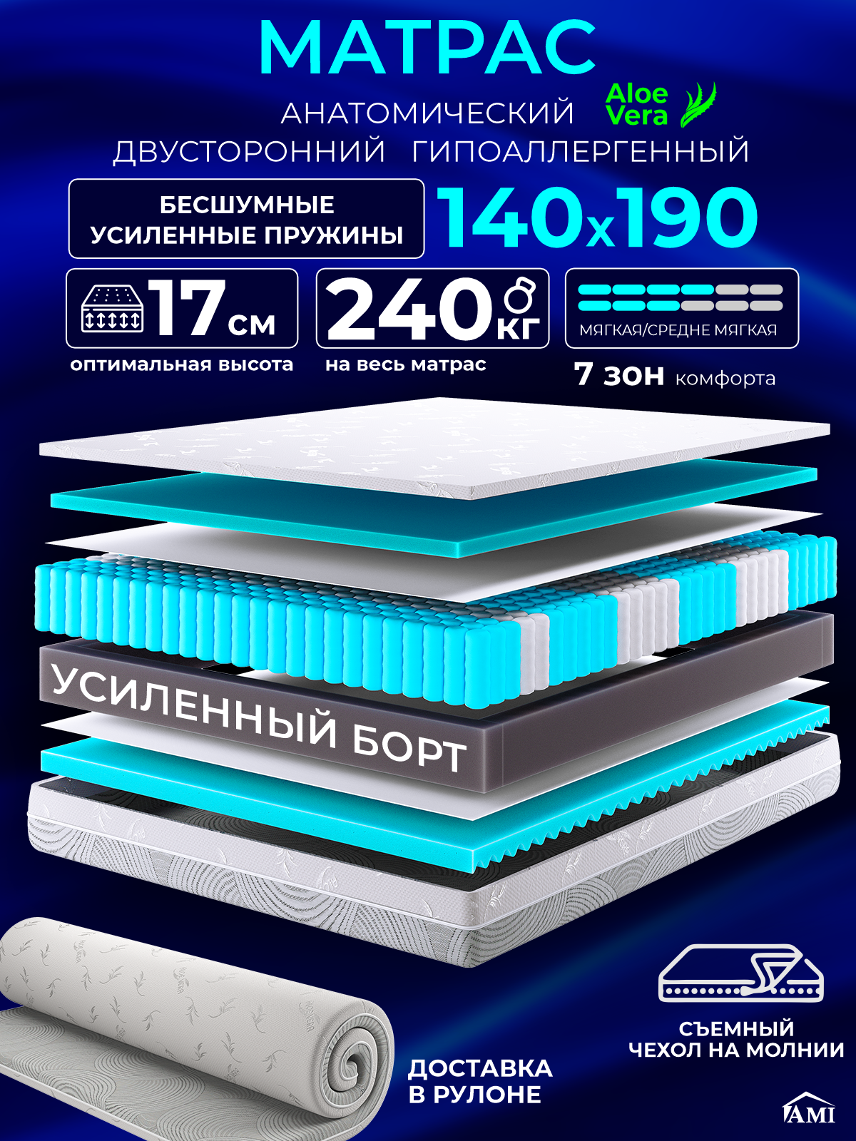 Анатомический матрас 140х190 см на кровать, рулонный, независимый пружинный блок, съемный чехол Ами Мебель