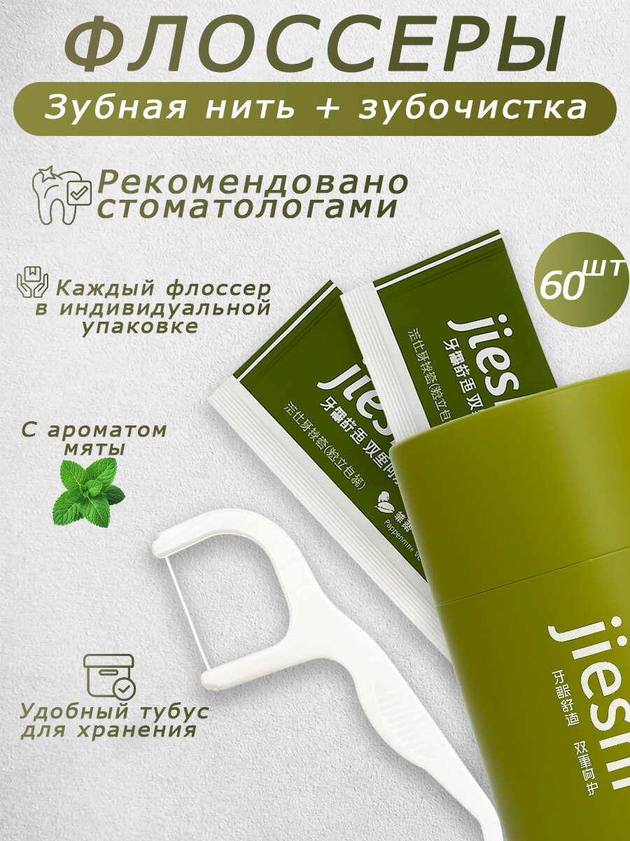 Зубная нить с зубочисткой, флоссеры, 60шт, мятные, зубная нить и флоссеры для очистки межзубных промежутков, ежедневный