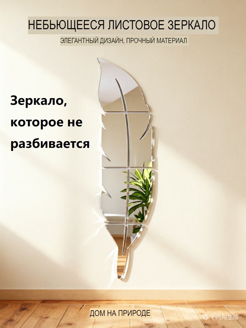 Акриловое зеркало в форме листа, набор из 6 частей, 120x30 см - небьющееся самоклеящееся настенное зеркало для гостиной, спальни, прихожей