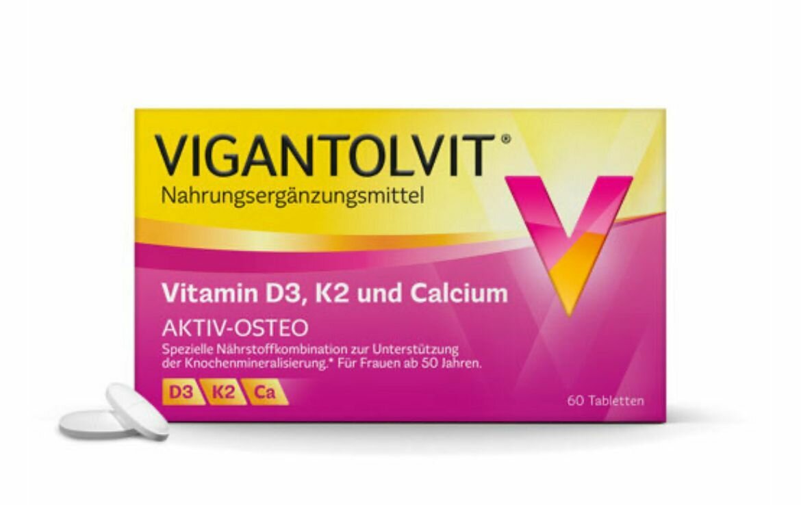 Витамин Vigantolvit Activ Osteo, D3+К2+Са, 3 в 1, для здоровья костей, 60 шт