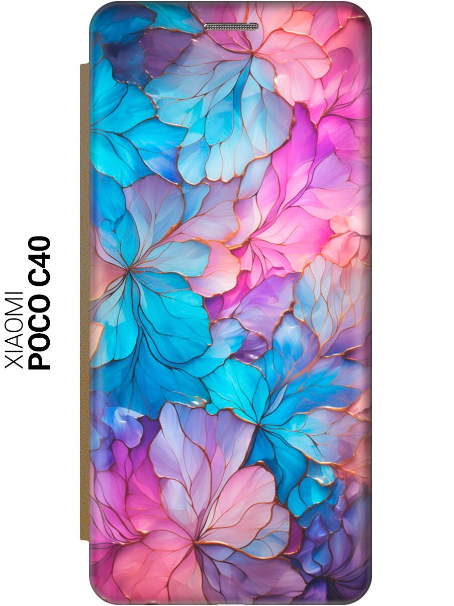 Чехол-книжка на Xiaomi Poco C40 / Сяоми Поко С40 с рисунком "Цветочный витраж" золотой
