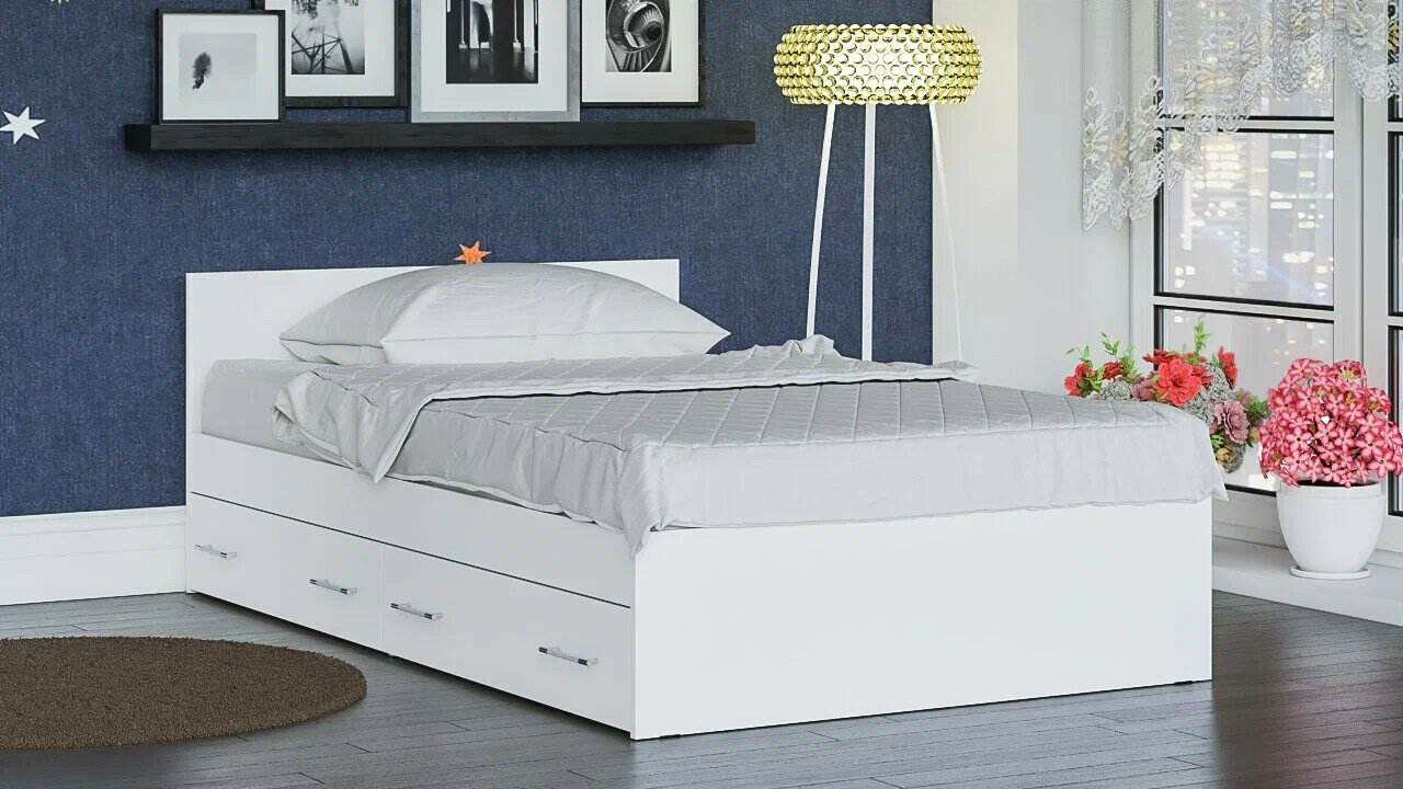 Кровать с ящиками СВК "Мори", 160x200x70 см, белая, два ящика, с основанием, без матраса