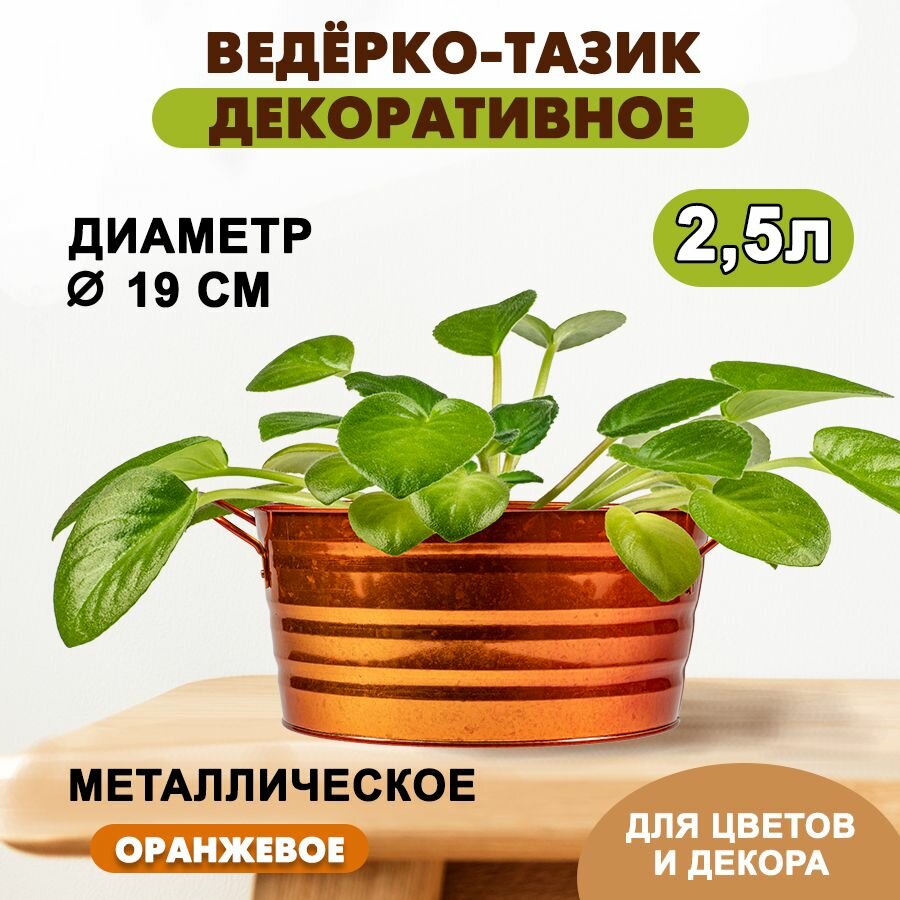 Ведерко-тазик декоративное окрашенное с 2 ручками оранжевое (2,5 л.) / Кашпо декоративное (200х170х100 мм)