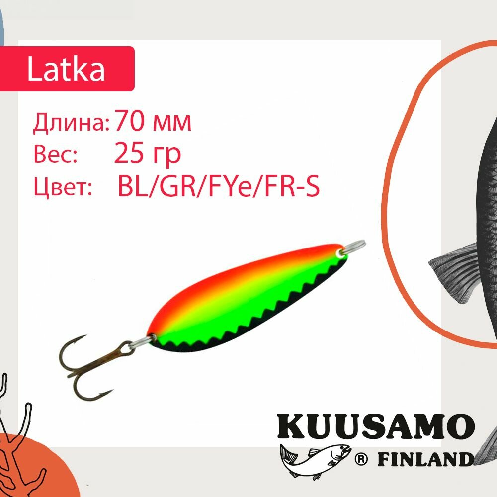 Блесна для рыбалки Kuusamo Latka 70/25 BL/GR/FYe/FR-S (колеблющаяся)