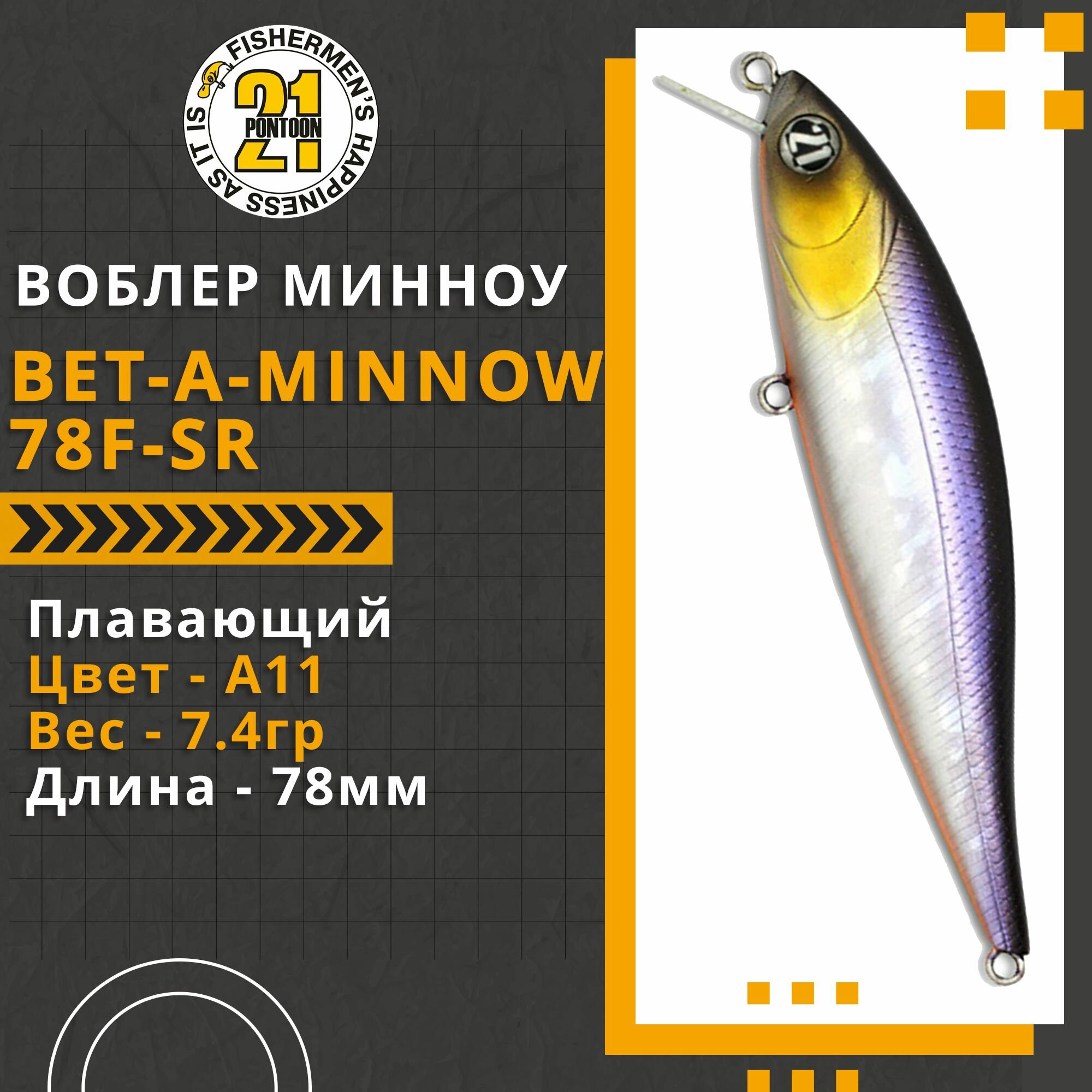 Воблер для рыбалки Pontoon21 Bet-A-Minnow 78F-SR, 78мм, 7.4 гр, 0.2-0.4 м, цвет A11