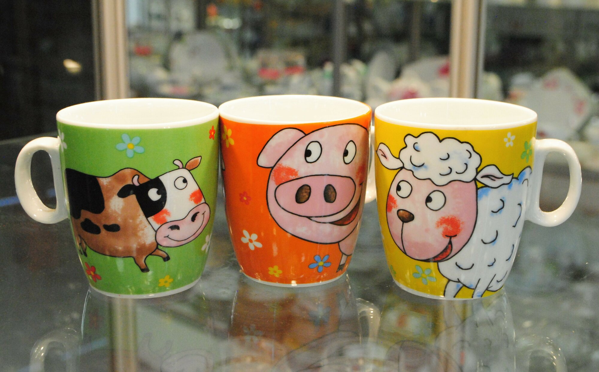 Набор из 3-х чашек фарфоровых, детских федерация 200 мл. "овечка, коровка, свинка", желтая, зеленая и оранжевая, 3 шт.