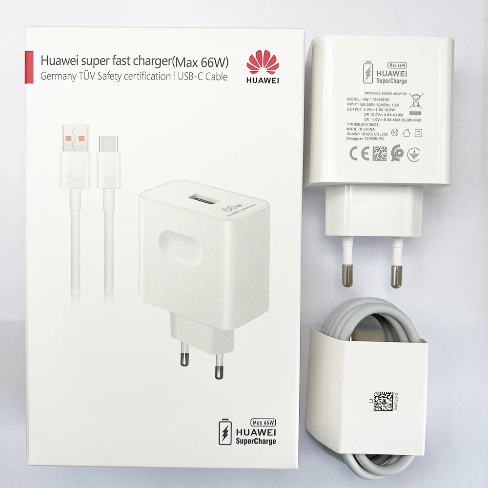 HUAWEI 66 Вт оригинальное суперзарядное быстрое USB-настенное зарядное устройство для путешествий, кабель типа C для Mate 50 40 30 P40 Pro Nova8 P 60 50 40 EU Set With Package