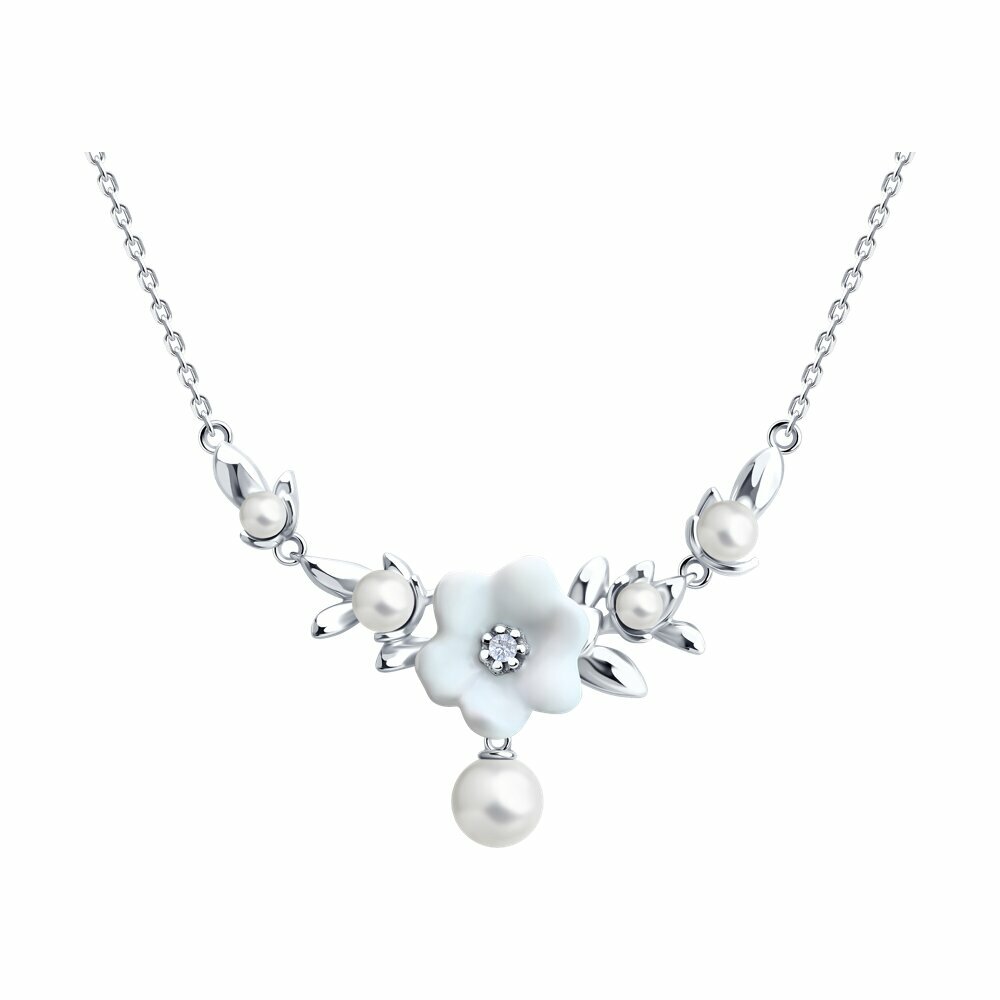 Колье, серебро, 925 проба, родирование, эмаль, жемчуг имитация, фианит