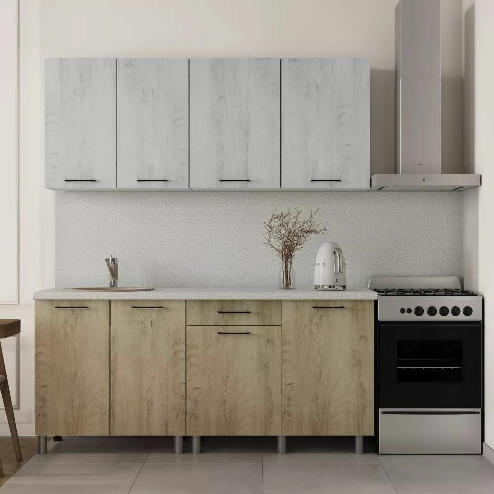 Кухня Палермо 1.8 м Дуб ост. серый/Дуб ост. бежевый со столешницей антарес 26 мм 1800х600х2170 тэкс