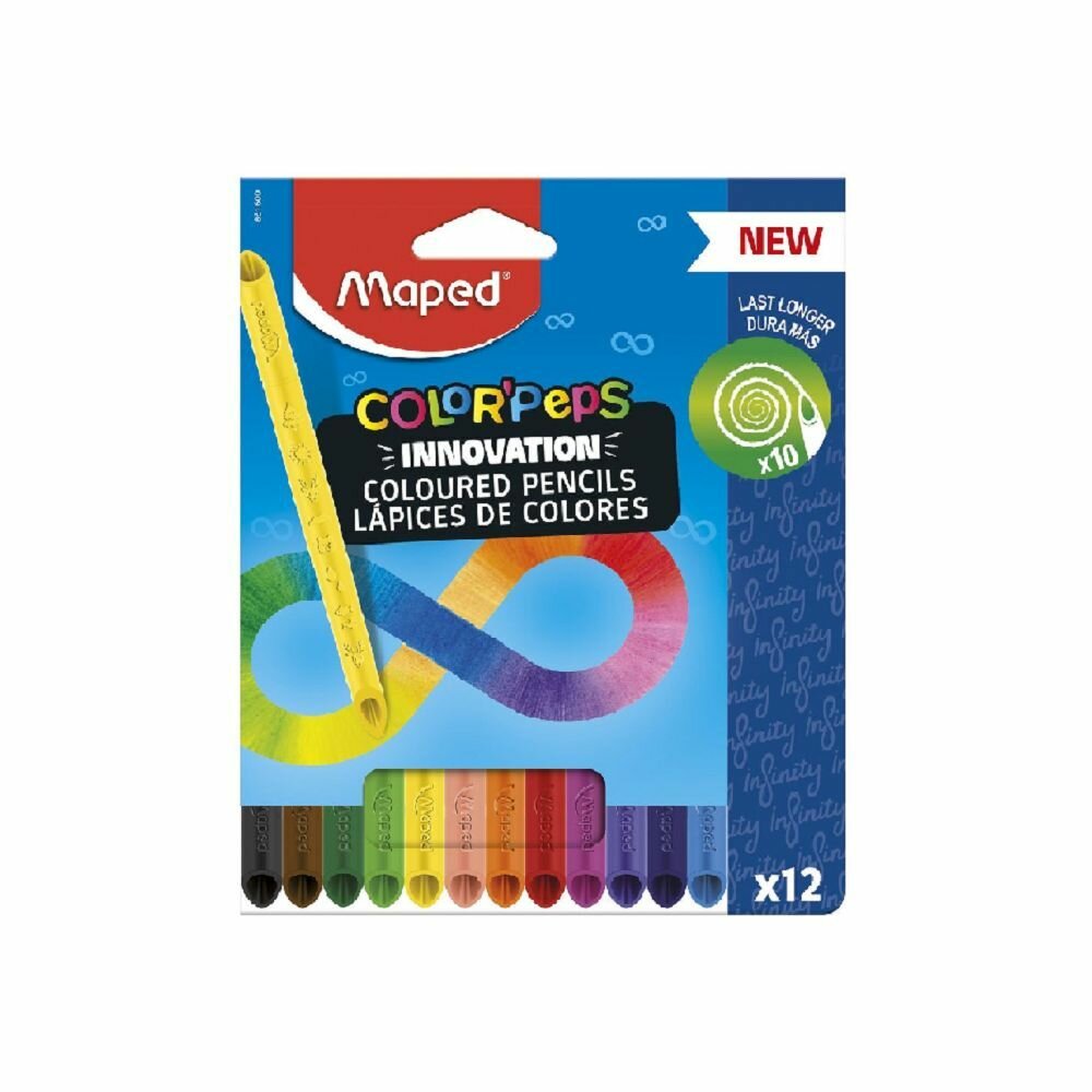 Цветные карандаши MAPED COLOR'PEPS INFINITY из ударопрочного грифеля, треугольные, 12 цветов, в коробке с подвесом