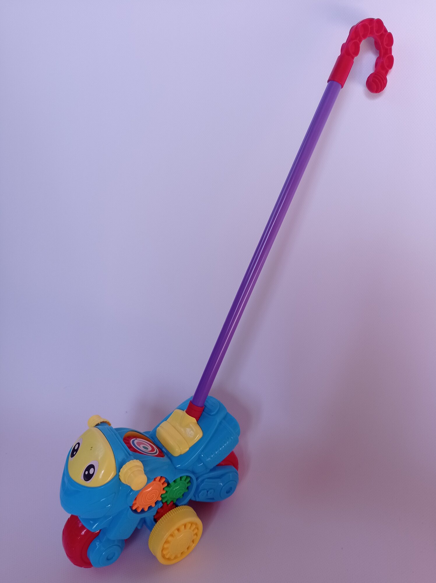 Мотоцикл-каталка, пластик, на палке, с эффектами, 4 колеса, синий, желтый, красный