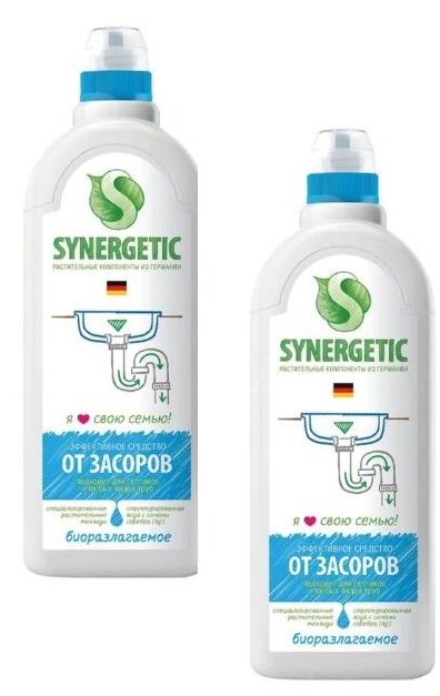 Средство Synergetic чистящее щелочное для устранения засоров в канализационных трубах, 1л, 2шт