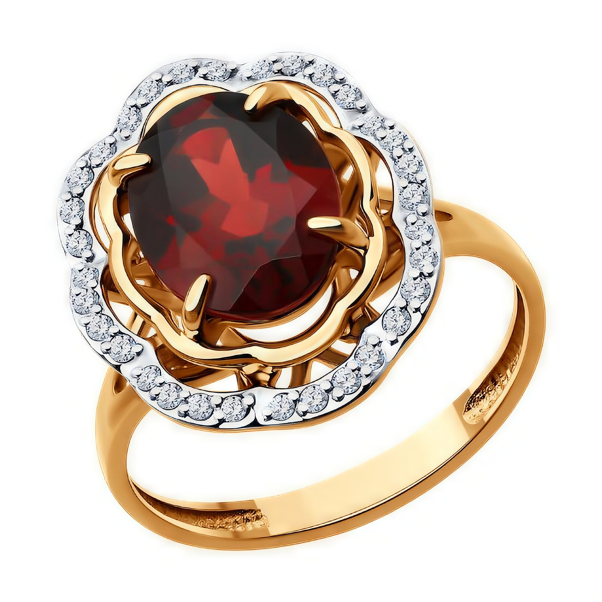 Кольцо, красное золото, 585 проба, фианит, гранат