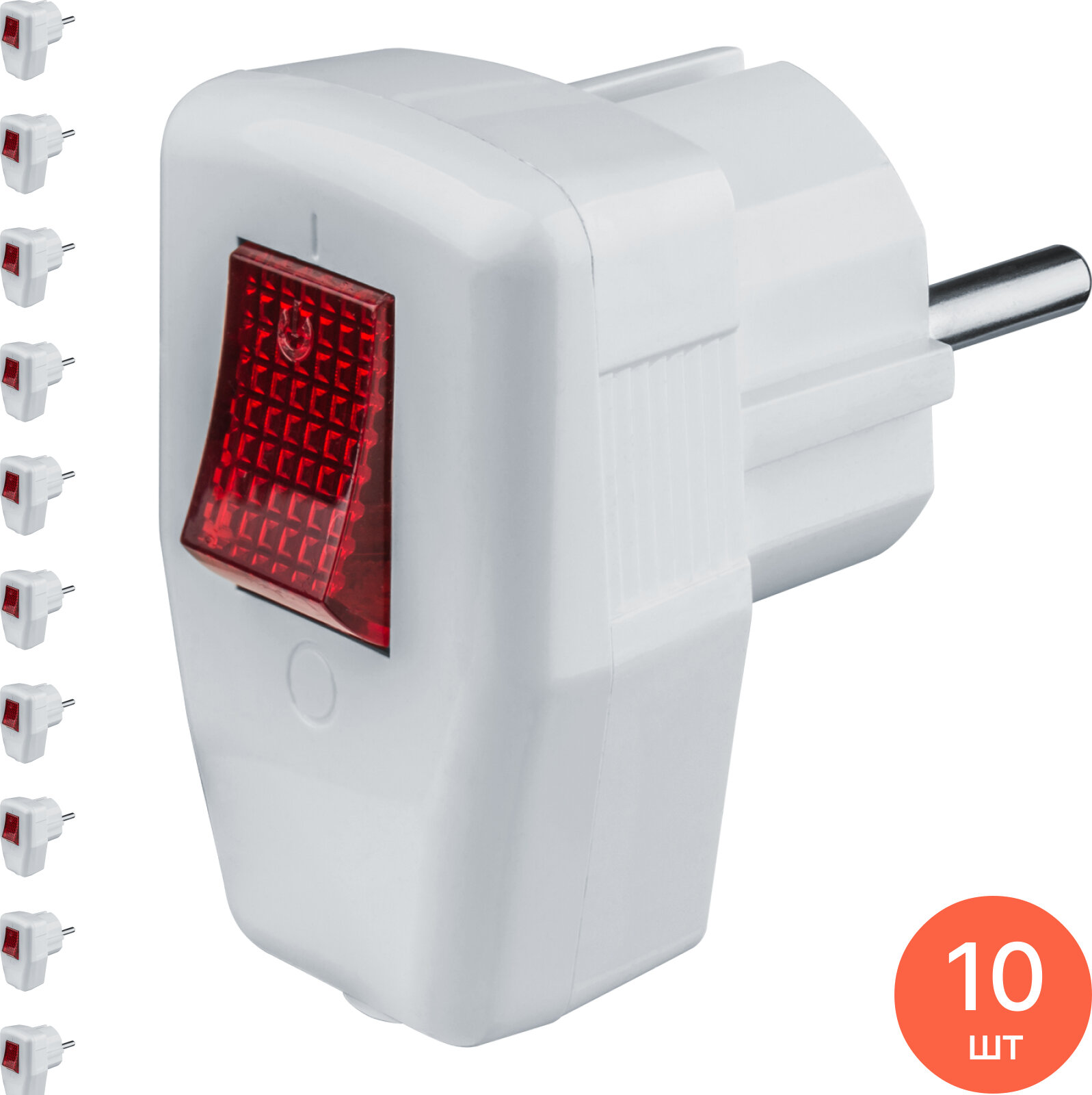 Вилка электрическая Navigator / Навигатор NCA-PL05-16A-ESC-WH угловая с заземляющими контактами и выключателем из АБС-пластика, белая, степень защиты IP20, 250В, 16А / электрика (комплект из 10 шт)