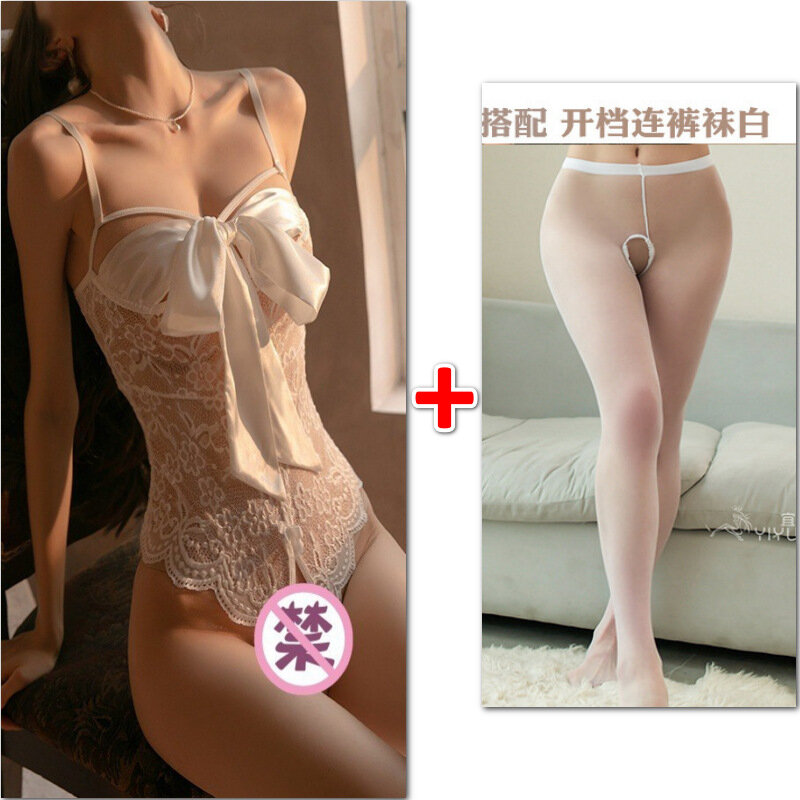 Сексуальное нижнее белье с открытой грудью, большим бантом, кружевным боди, облегающее, с открытой промежностью, прозрачное, соблазнительная кружевная ночная рубашка. Белый цвет + белые чулки с открытой промежностью.