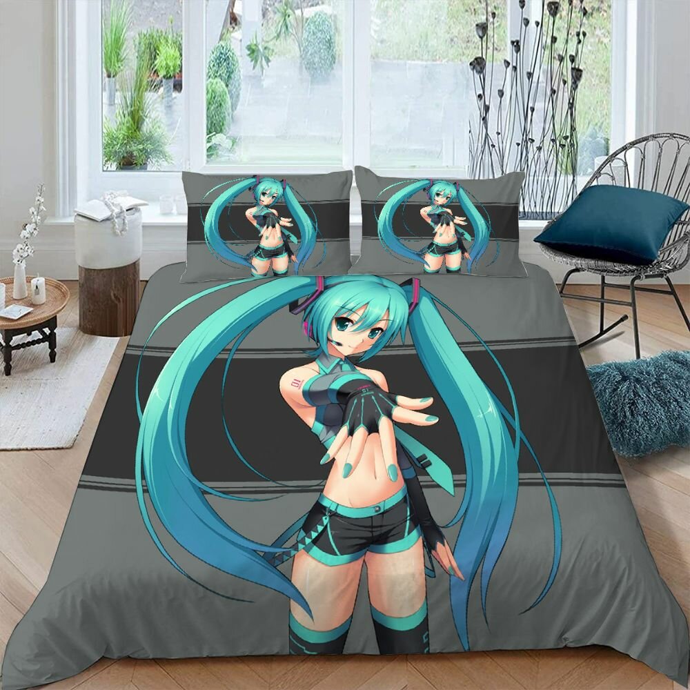 Детский комплект постельного белья, Hatsune Miku, включает 1 шт пододеяльник и 2шт наволочки, для девочки, мальчика, взрослый, Постельное белье 1,5 спальное / 2-х