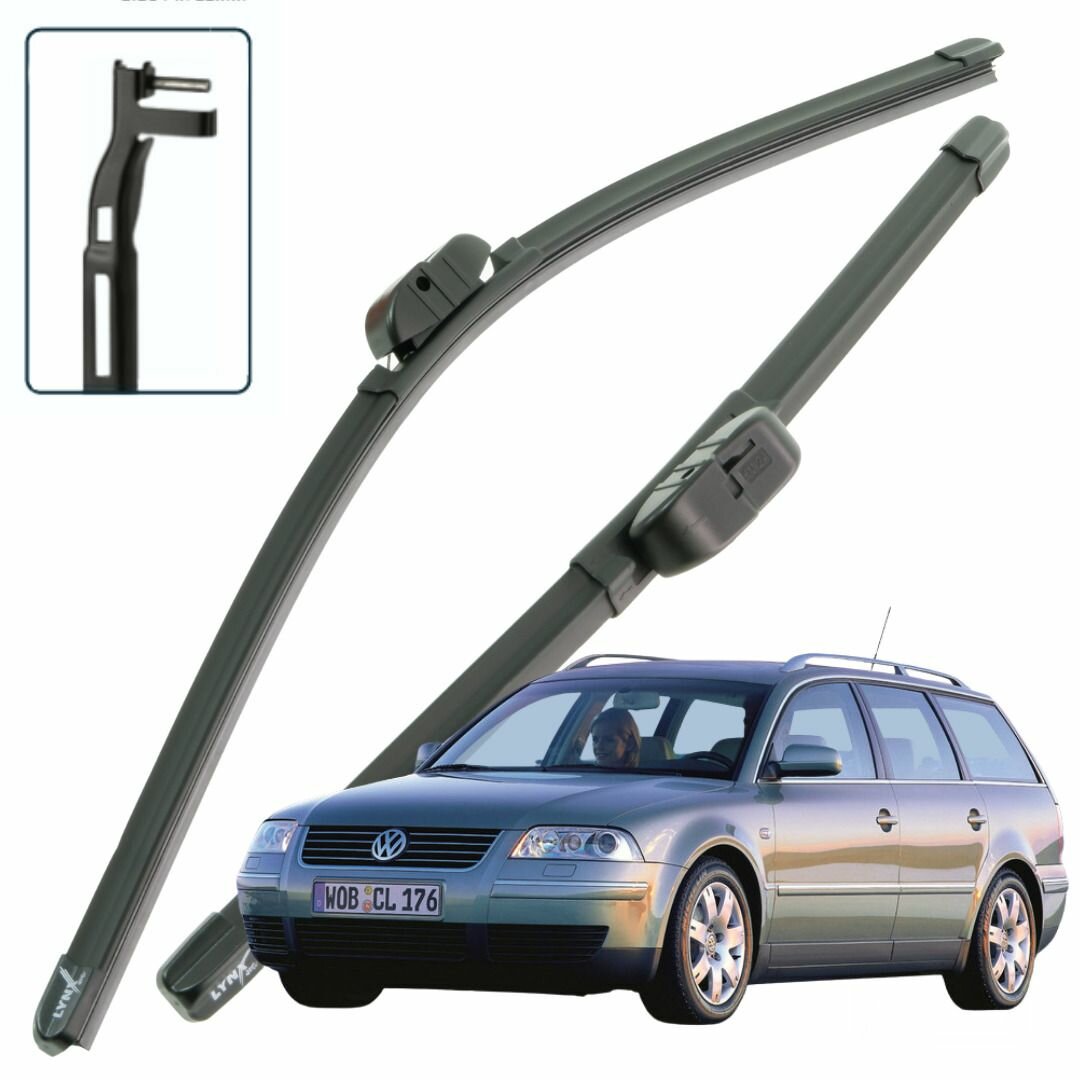 Дворники VW Volkswagen Passat (5) B5.5 / Фольксваген Пассат Б5.5 универсал рест. 2000 2001 2002 2003 2004 2005 Щетки стеклоочистителя бескаркасные автомобильные LYNXauto 530мм-530мм к-т 2шт.