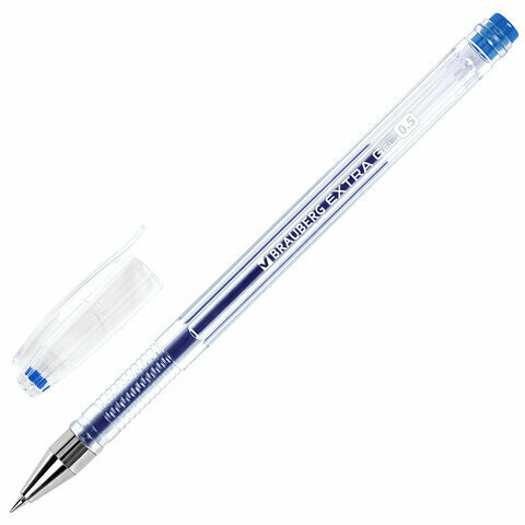 Ручка гелевая BRAUBERG "EXTRA", синяя, корпус прозрачный, узел 0,5 мм, линия 0,35 мм, 143902