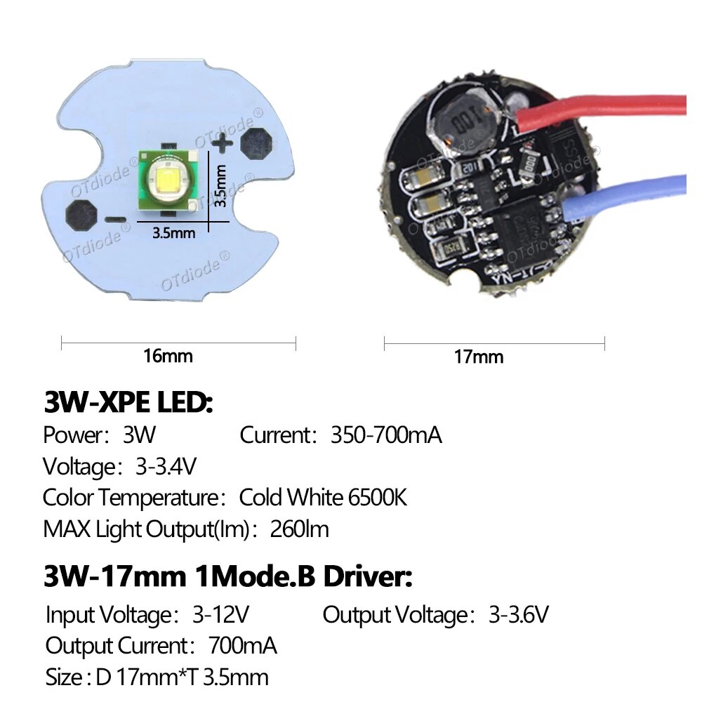 OTdiode Трансформатор освещения LED 3-36Вт Холодный 16mm XPE-17mm 12V, With 1 Mode, Warm White LED