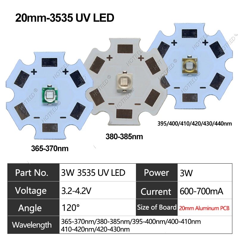 HotRed 3 Вт УФ-лампа 395-400nm, 3535 LED, 20mm, 10шт