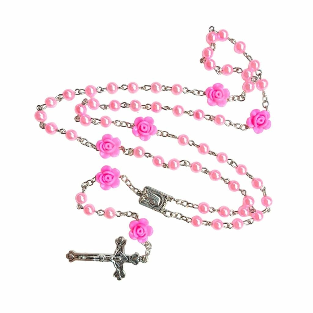 1 нитка блестящего искусственного жемчуга, акриловые розовые бусины, ожерелье-четки с крестом-стиль 4
