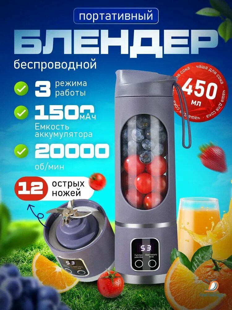 Портативный блендер, для смузи, беспроводной, USB-зарядка, пластик, фиолетовый