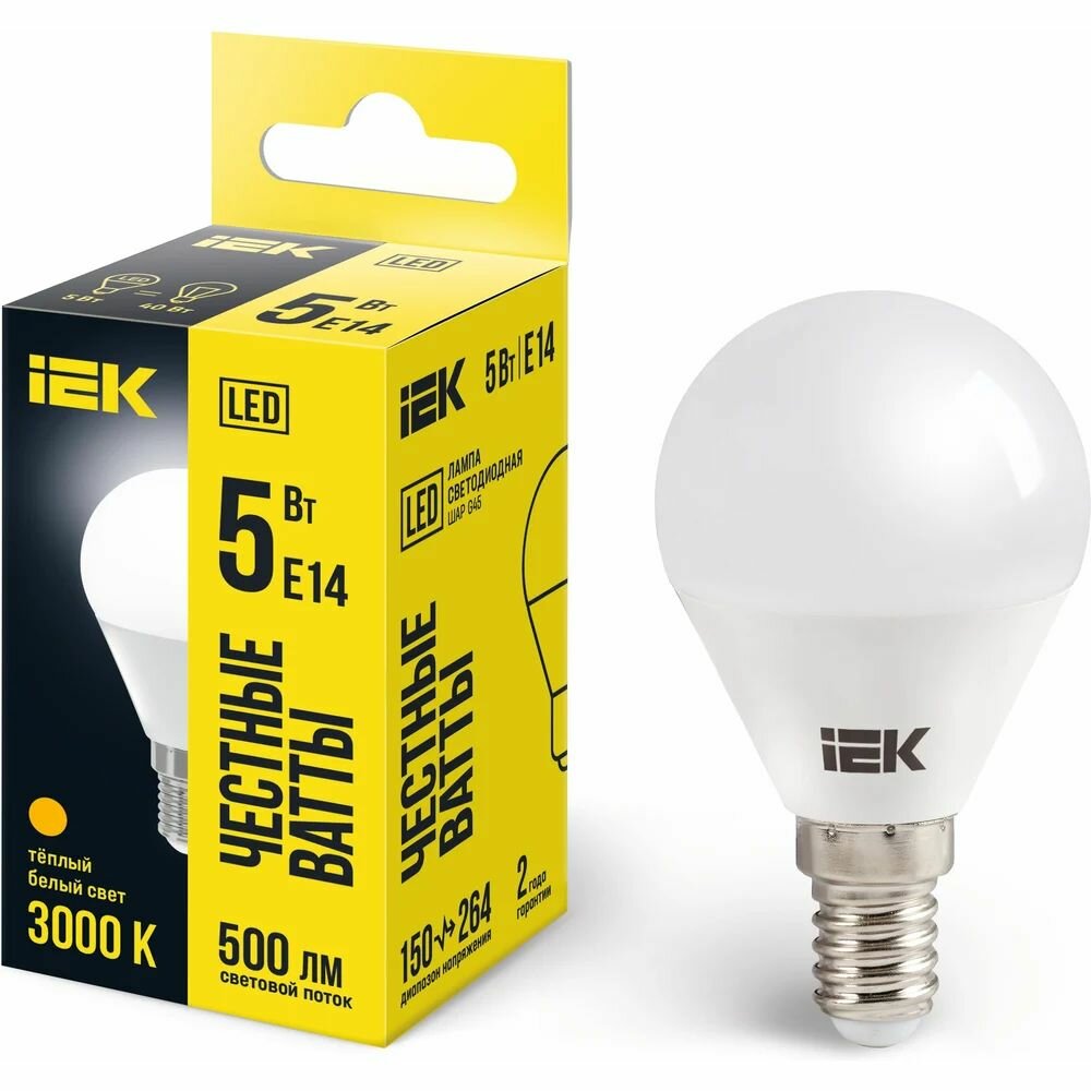 Лампа IEK LED G45 шар 5 Вт 230 В 3000К E14 LLE-G45-5-230-30-E14