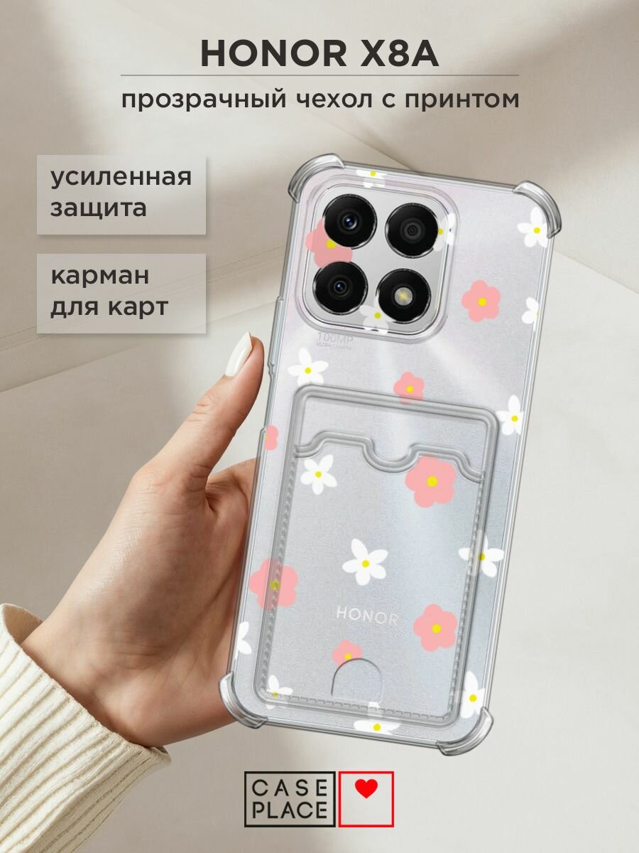 Чехол на Honor X8A (Хонор X8A) с картой и принтом "Розовые и белые цветы"