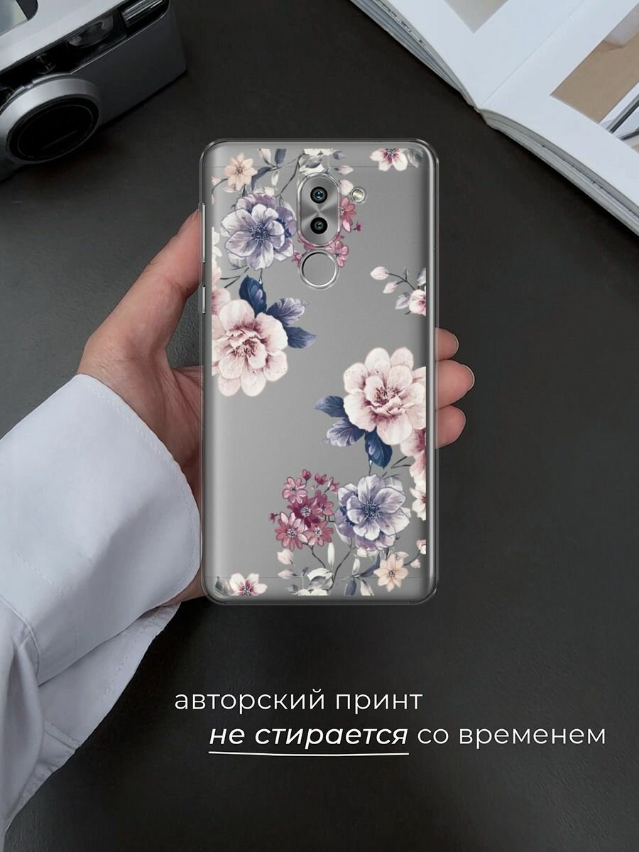 Чехол на Honor 6X / Хонор 6Х с принтом "Нежные винтажные цветы", прозрачный — фото 1