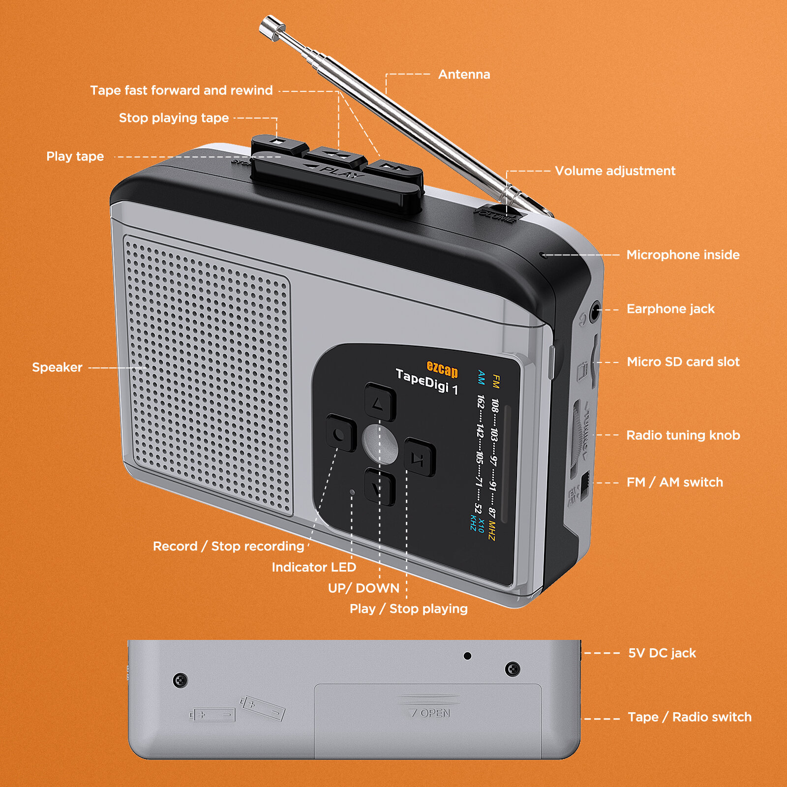 Ezcap234 Портативный кассетный плеер с AM/FM радио, конвертером кассет в MP3, звукозаписывающим устройством, встроенным динамиком и разъемом для наушников