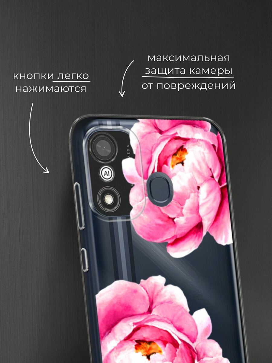 Чехол на Itel A27 / Ител А27 с принтом "Open peonies", прозрачный — фото 1
