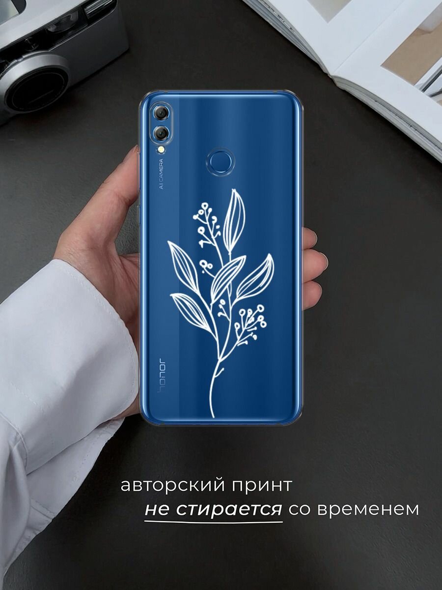 Чехол на Honor 8X / Хонор 8Х с принтом "Ветка с листочками и цветами", прозрачный — фото 1