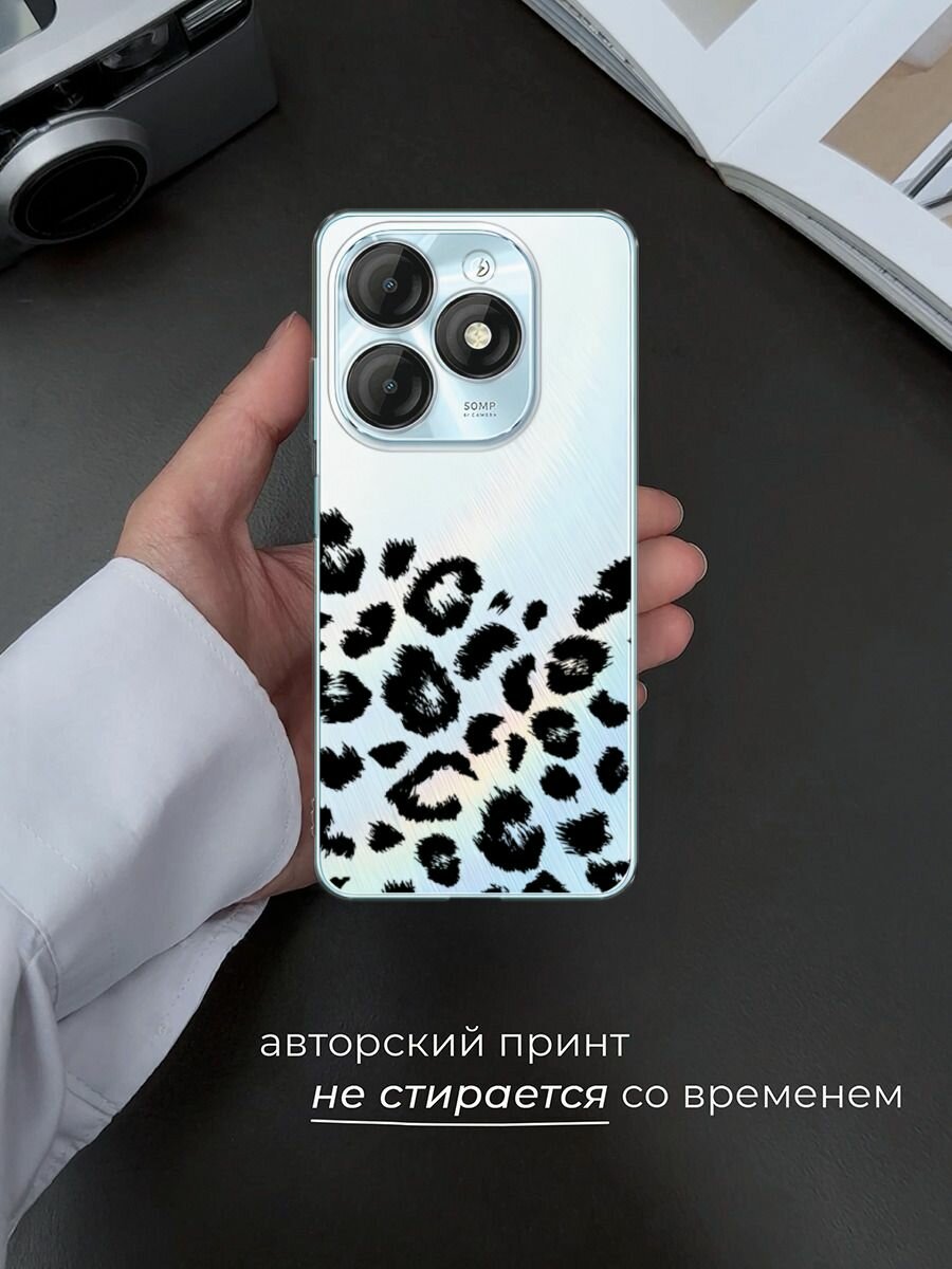 Чехол на Itel P55 / Ител Р55 с принтом "Окрас леопарда фон черный", прозрачный — фото 1
