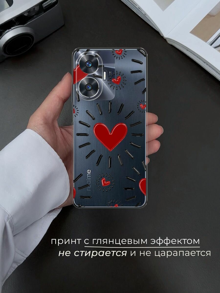 Чехол на Realme C55 / Реалми C55 с принтом "Бордовые сердца паттерн" — фото 1