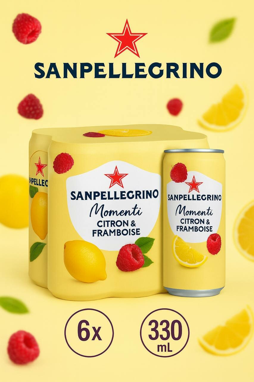 Газированный напиток Sanpellegrino Momenti Санпеллегрино Лимон и Малина, 6 шт * 330 мл, Италия