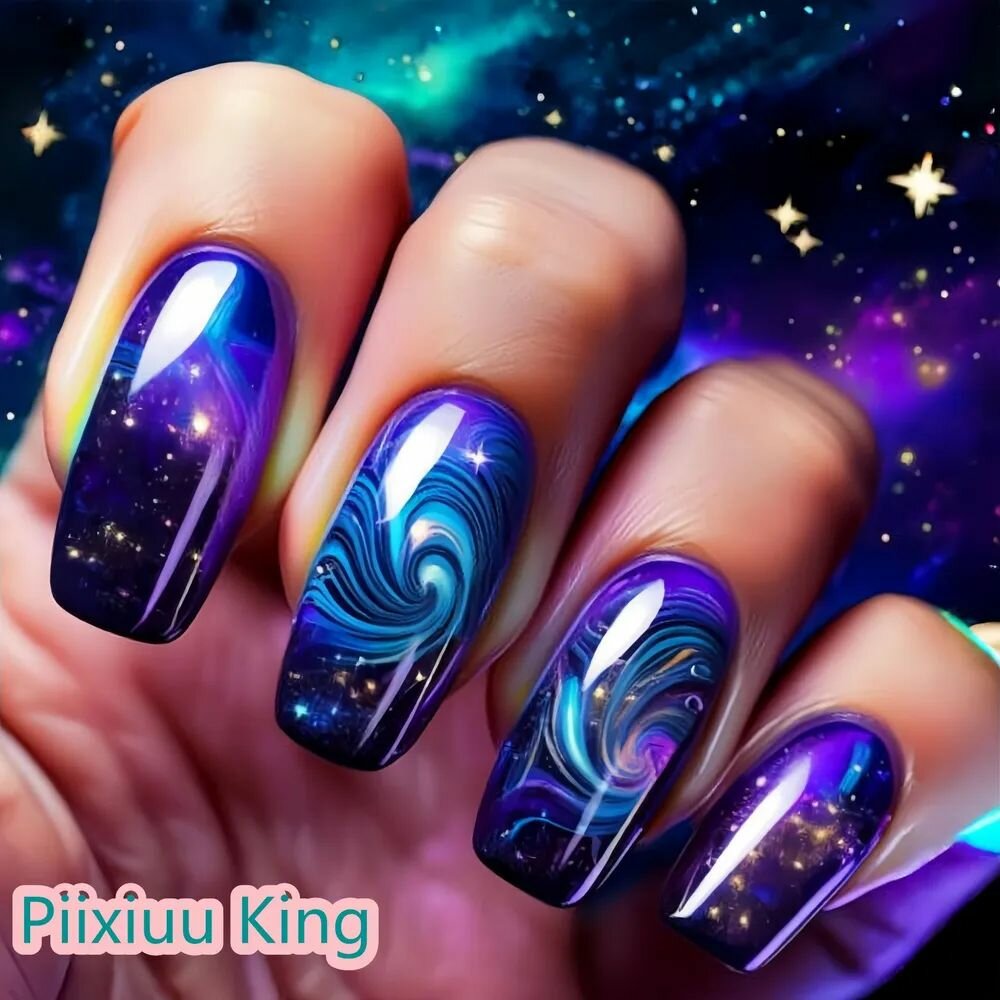 Длинные голубые накладные ногти с дизайном <Солнце и Луна> (24 штуки + клей)