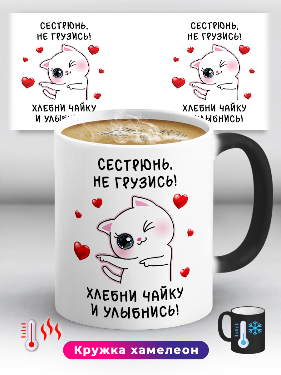 Кружка хамелеон с приколом мем Котики Сестрюнь не грузись