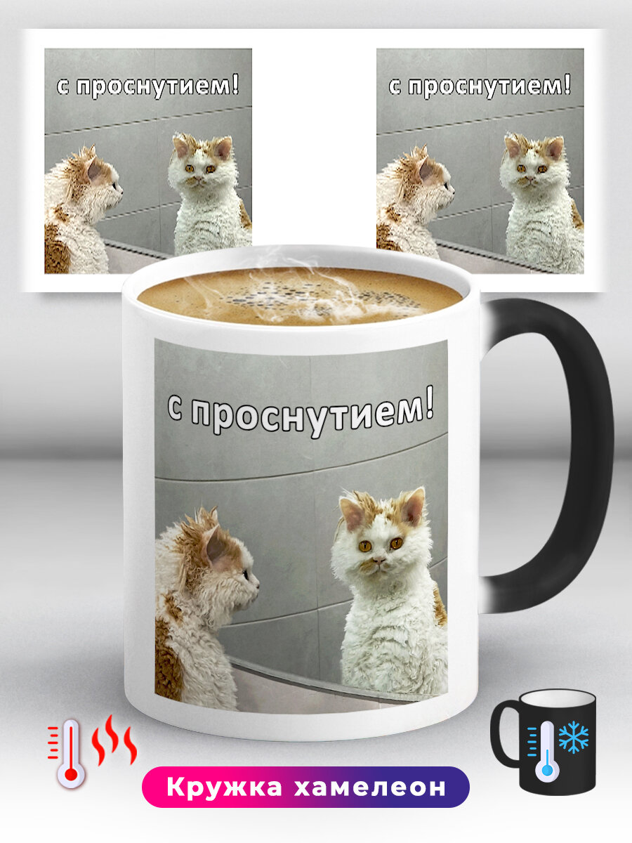Кружка хамелеон с приколом мем котик у зеркала С проснутием!