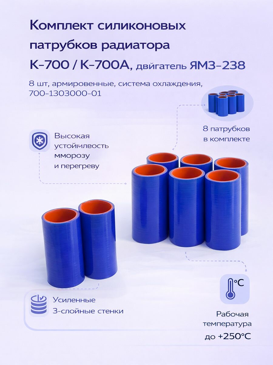 Комплект силиконовых патрубков радиатора К-700 / К-700А, двигатель ЯМЗ-238, 8 шт, армированные, 700-1303000-01