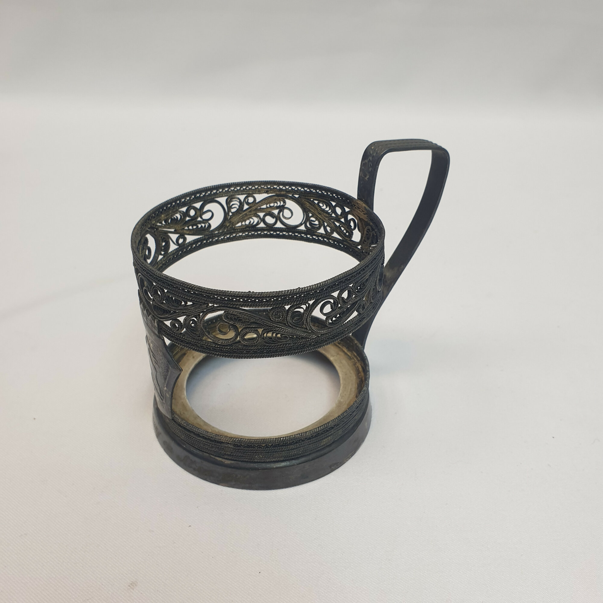 Подстаканник Горький, КХИ, мельхиор, скань, дарственная надпись, дефекты. Винтаж, СССР.