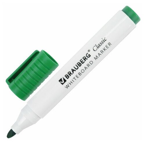 Маркер стираемый для белой доски зеленый, BRAUBERG "CLASSIC", 3 мм, с клипом, 152116