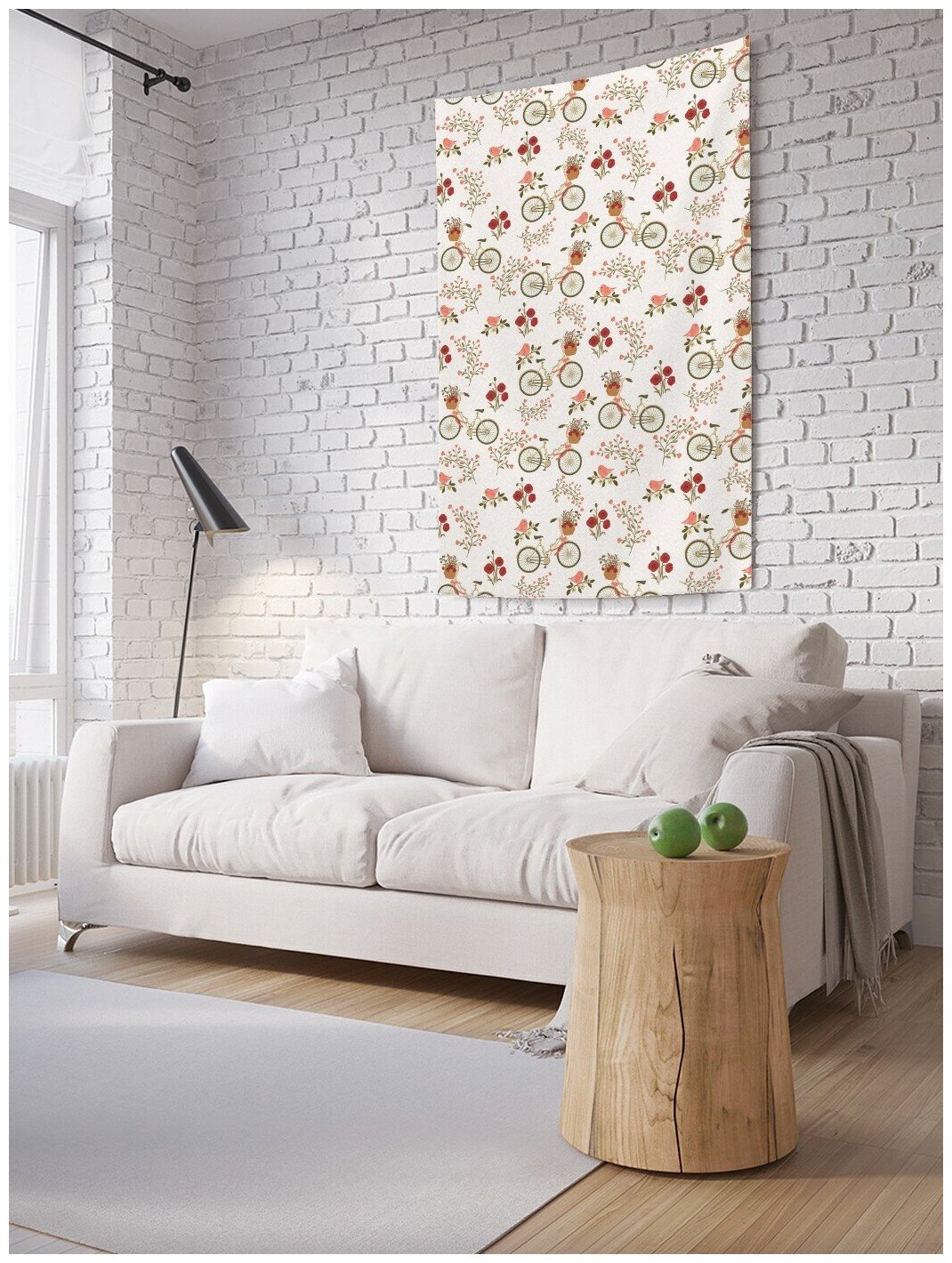 Фотопанно на стену вертикальный из ткани постер 100х150 "Среди цветов на велосипеде", JoyArty