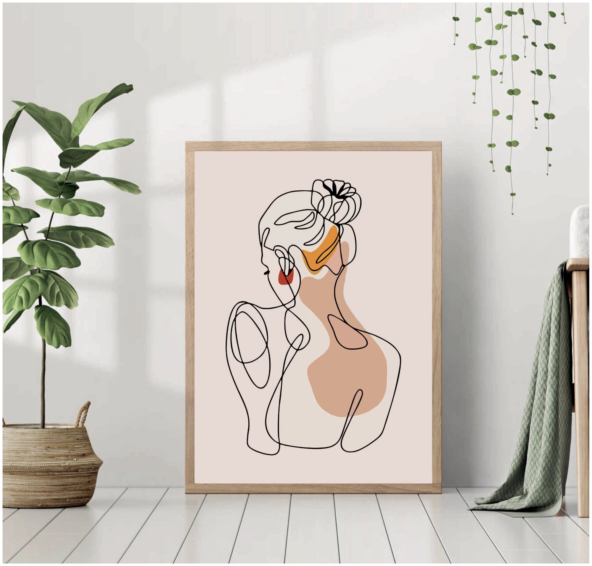 Постер "Девушка на бежевом фоне, рисунок линиями" 40x50 без рамки на стену для интерьера
