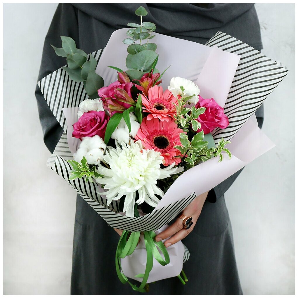 Букет Букет Маркет, герберы, хлопок, роза, хризантема, гвоздика, альстромерии, 50см