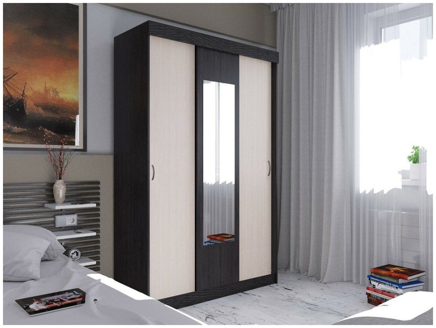 Шкаф купе, для одежды Бася 3, МФ-Купе, 220х60х240, белье/платье, с зеркалом, цвет венге/ясень шимо светлый