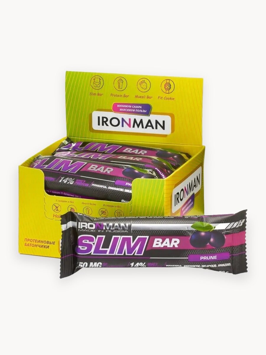 Протеиновые батончики IRONMAN SLIM BAR, с L-карнитином, чернослив 12 шт