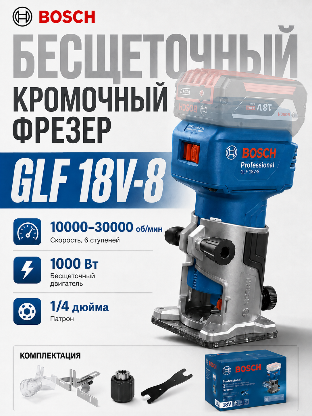 Для мебельщиков: чистая кромка, пазы и фрезеровка МДФ/фанеры — Bosch Professional 18V GLF 18V-8 Brushless, цанги 6/8 мм и 1/4"