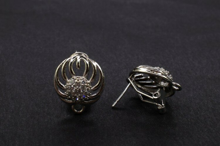 Гвоздики основы для серег 17х15х0,7мм, отверстие 2мм, цвет платина, латунь/цирконий, 21-226, 1 пара