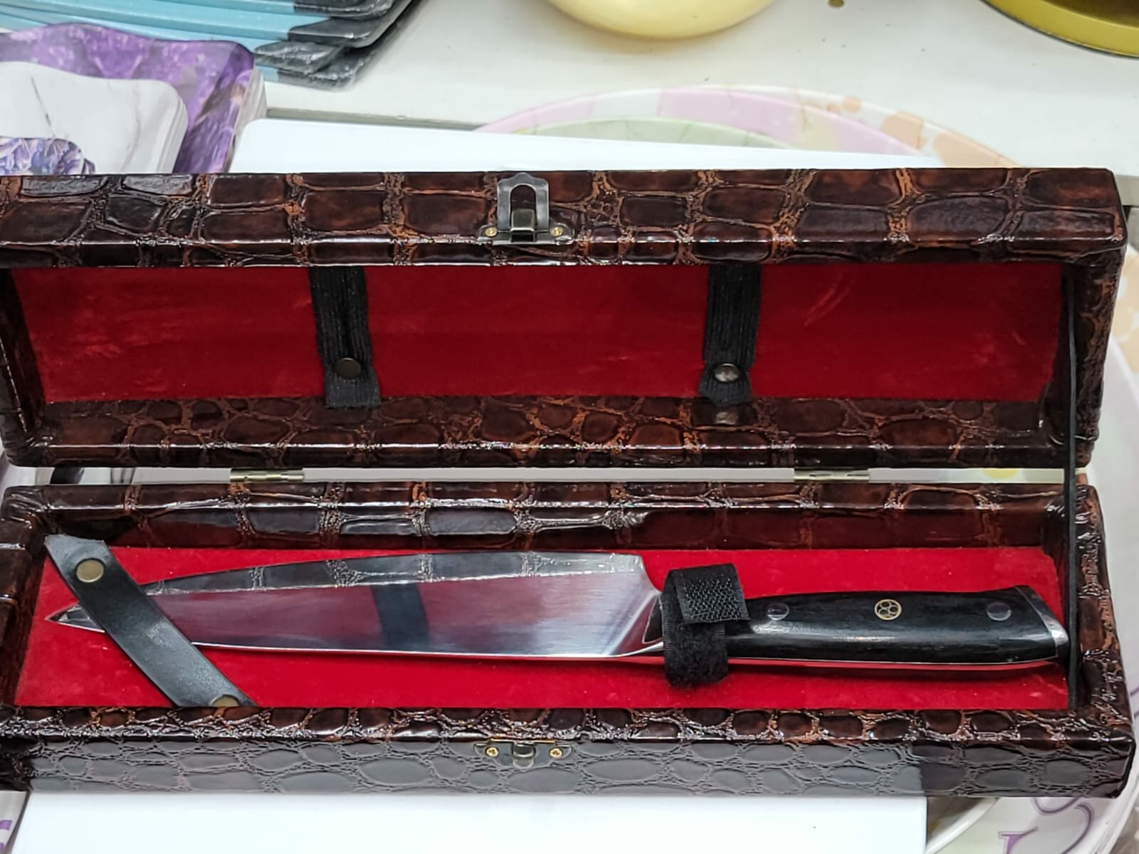 Шеф-нож , сталь AUS-8, кожаные ножны, дерево, черный разделочный