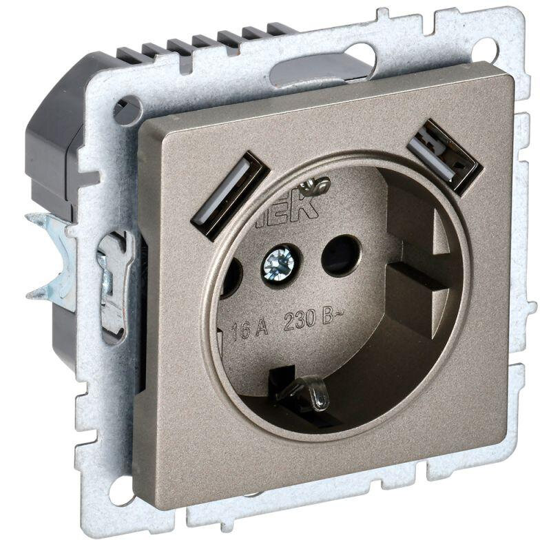 Розетка BRITE РЮш10-1-БрШ 16А с USB A+A 2.1А с заземл. защ. шторки шампань, IEK BR-R14-16-U21-D21-K37 (1 шт.)